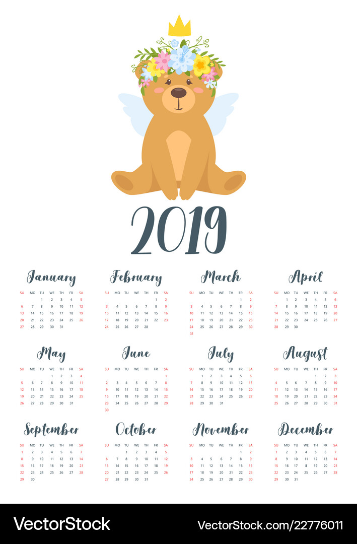2019 cute teddy bear calendar Royalty Free Vector Image