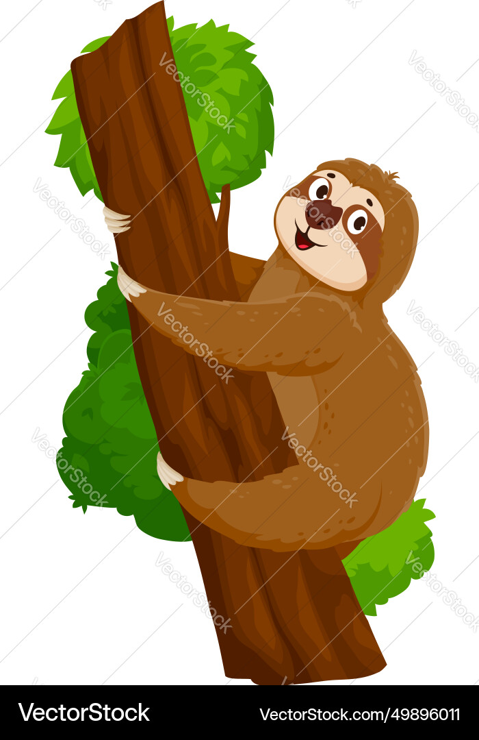 Cartoon funny sloth character climbing on tree Vector Image