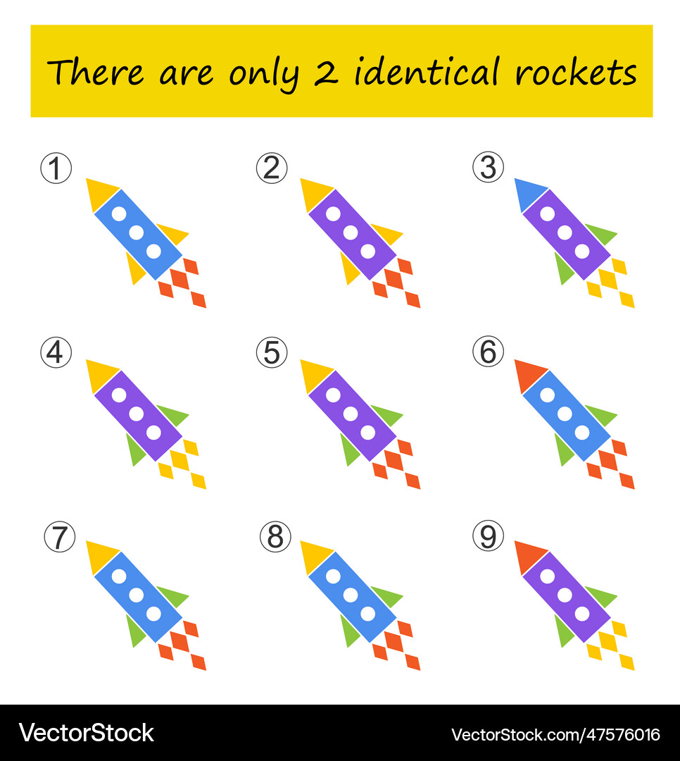 Find two identical rockets logic game for kids Vector Image