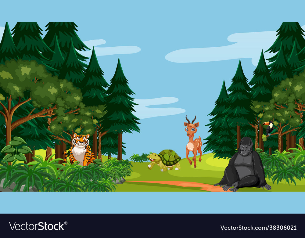 Forest scene with different wild animals Vector Image