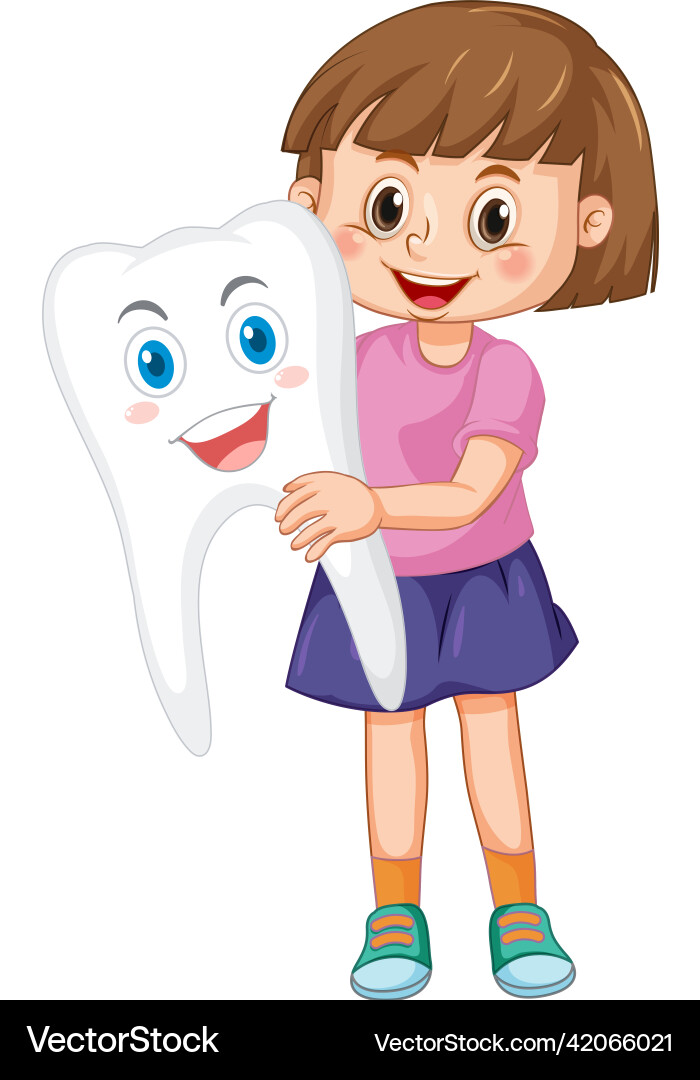 Happy kid holding a big tooth on white background Vector Image