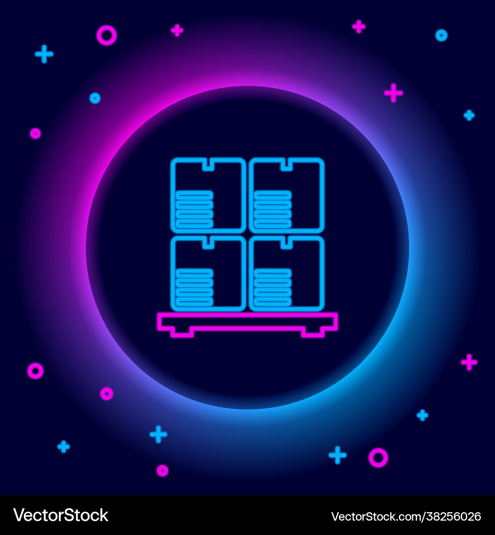 Glowing neon line cardboard boxes on pallet icon Vector Image