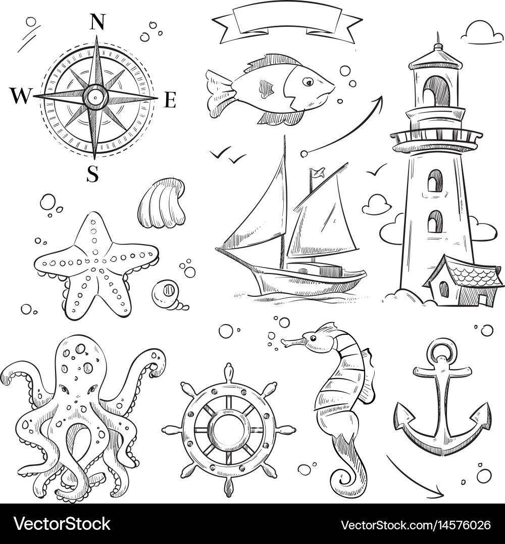 Hand drawn sea marine objects and ocean animals Vector Image
