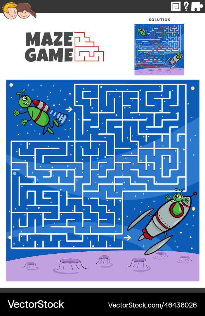 Maze game with cartoon alien characters Royalty Free Vector