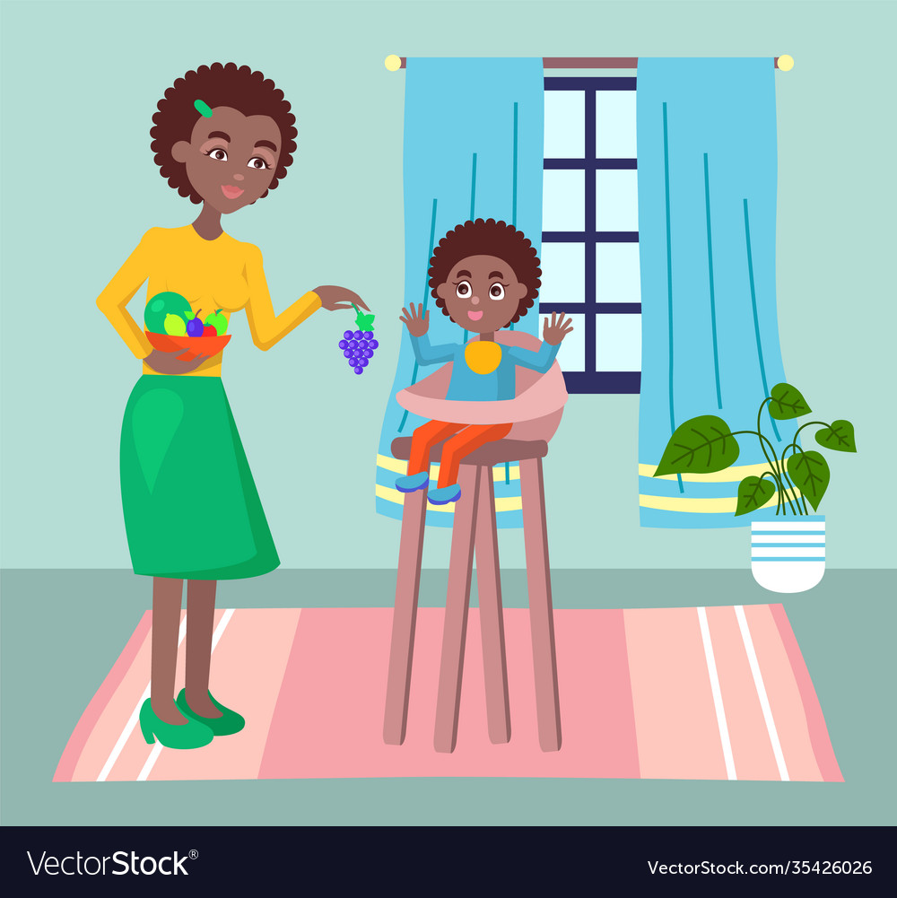 Mother feeding her baby child sitting on kids Vector Image