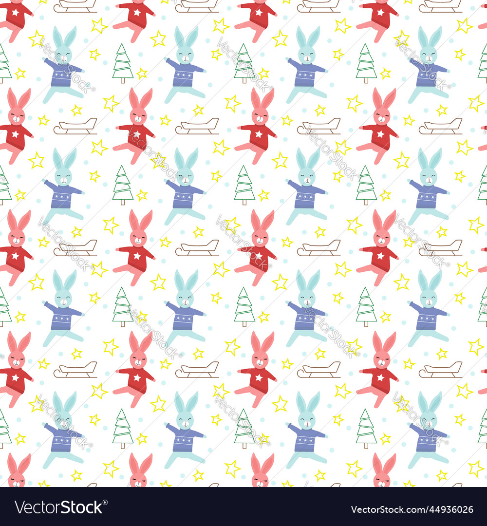 Pattern with multi-colored rabbits sled Royalty Free Vector