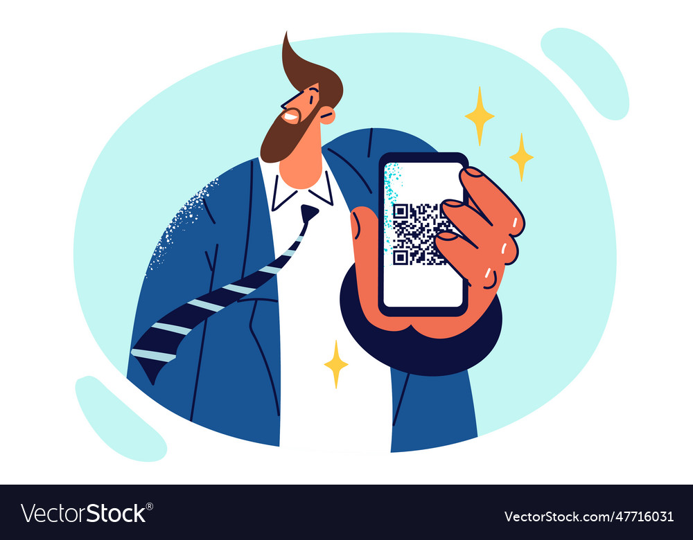 Man with mobile phone shows qr code to scan and Vector Image