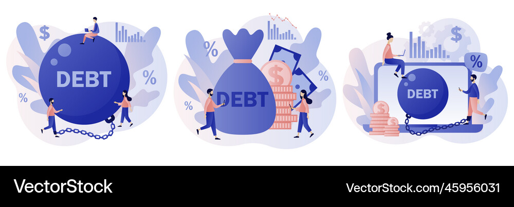 Money debts concept tiny people chained by huge Vector Image