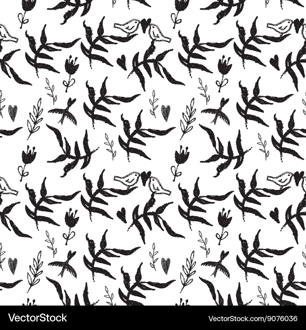 Black seamless pattern with weed flowers and birds