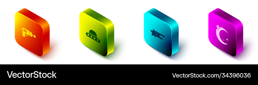 Set isometric ray gun ufo flying spaceship Vector Image