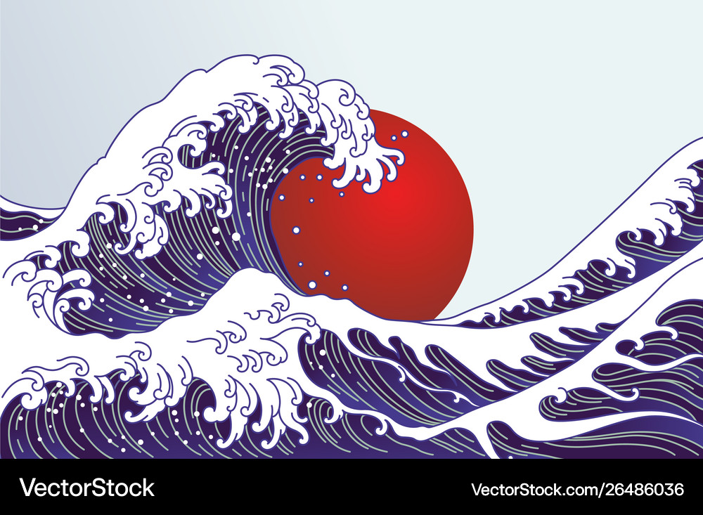 Traditional japan wave big red sun flag Royalty Free Vector