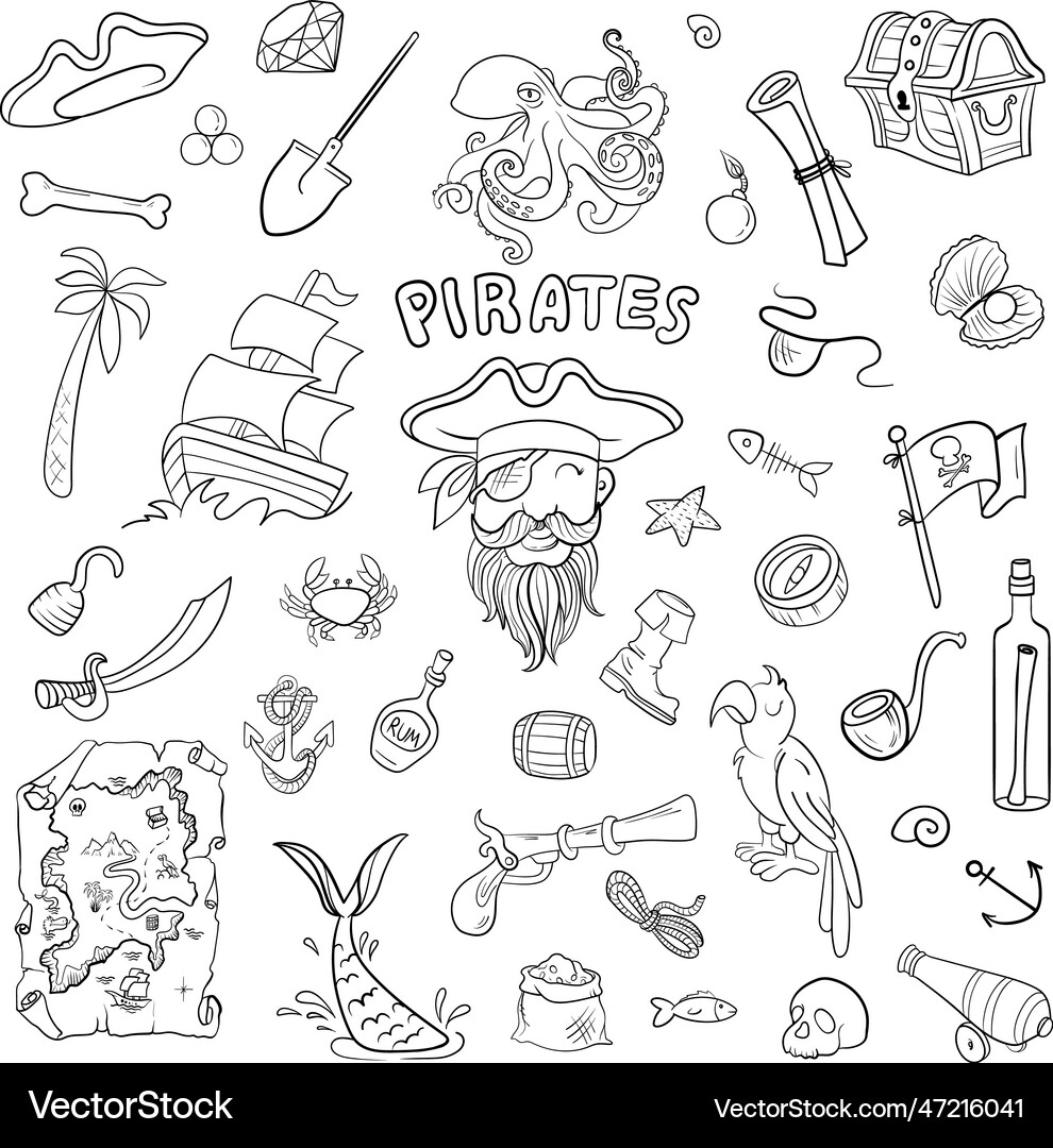 A set of pirate items contour elements Royalty Free Vector