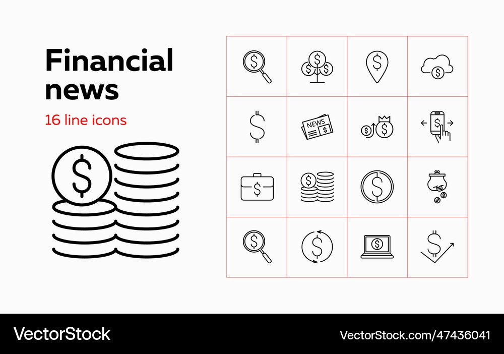 Financial news line icon set Royalty Free Vector Image