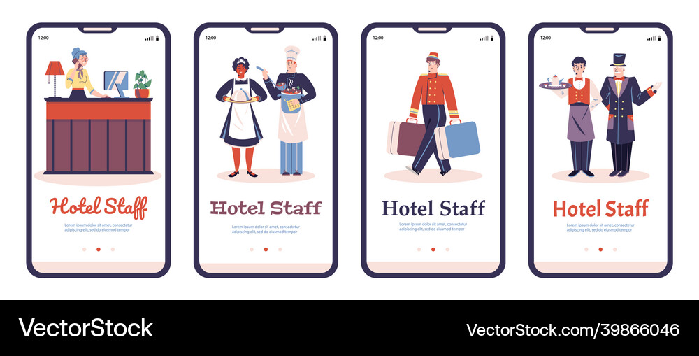 Onboarding pages kit with hotel services employees