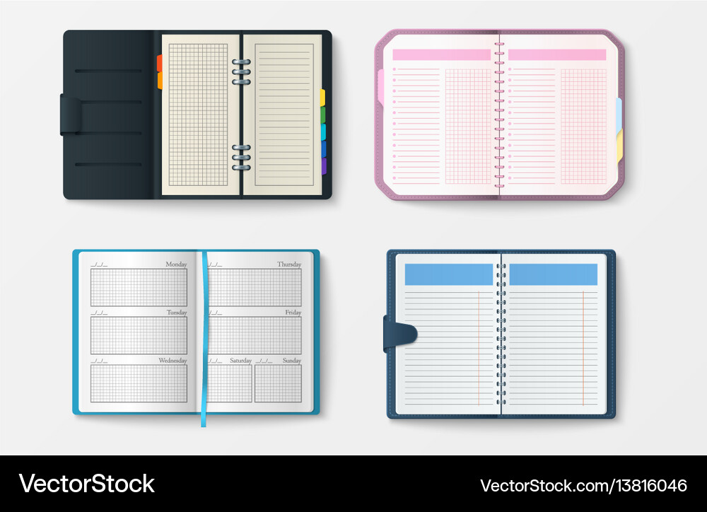 Set of open realistic notebooks with pages diary Vector Image