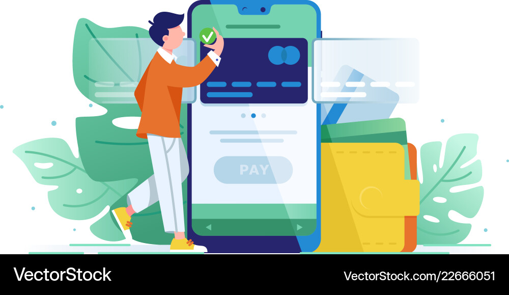 Young wealthy man pays card using mobile payment Vector Image
