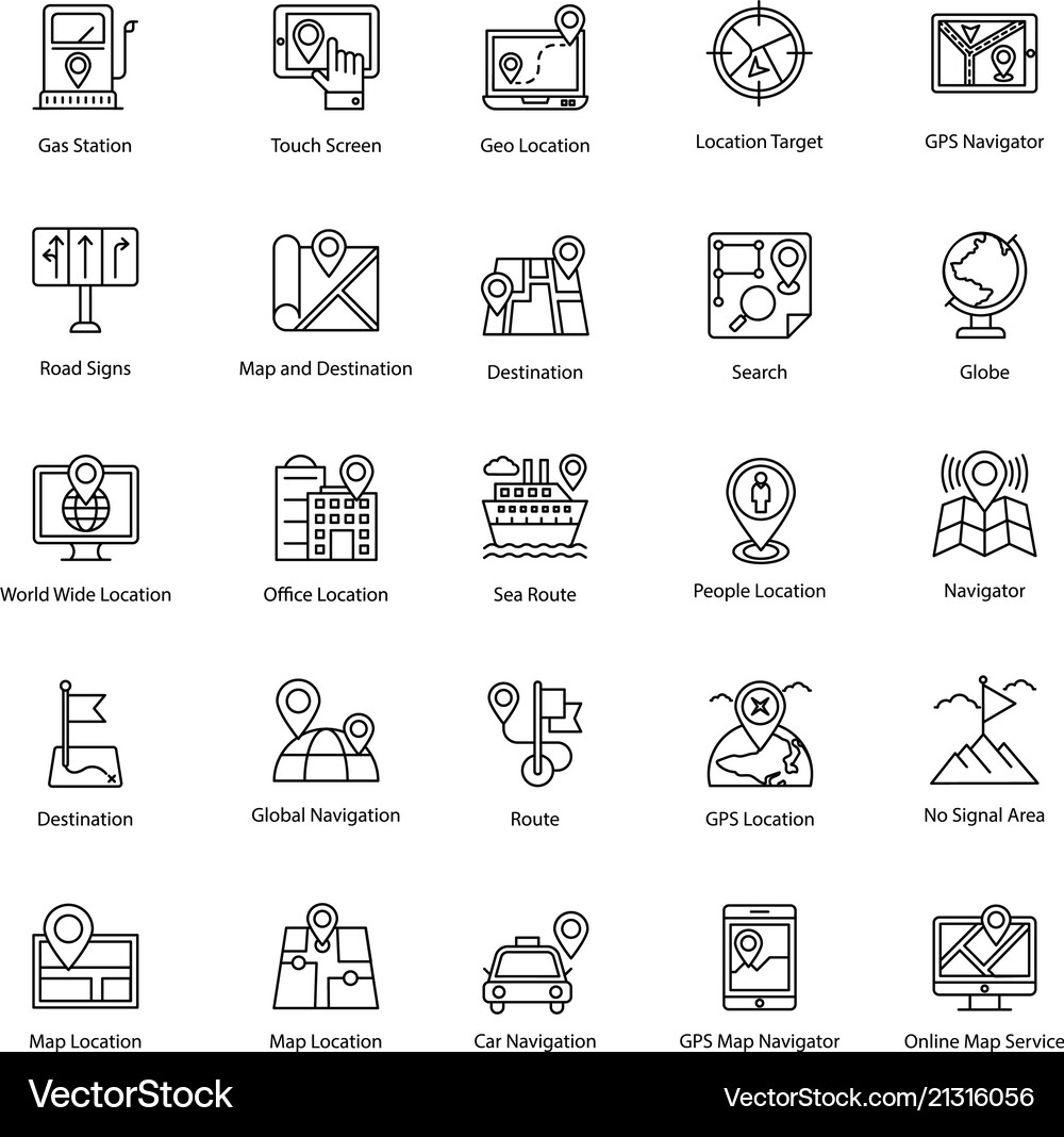 Maps and navigations line icons set Royalty Free Vector
