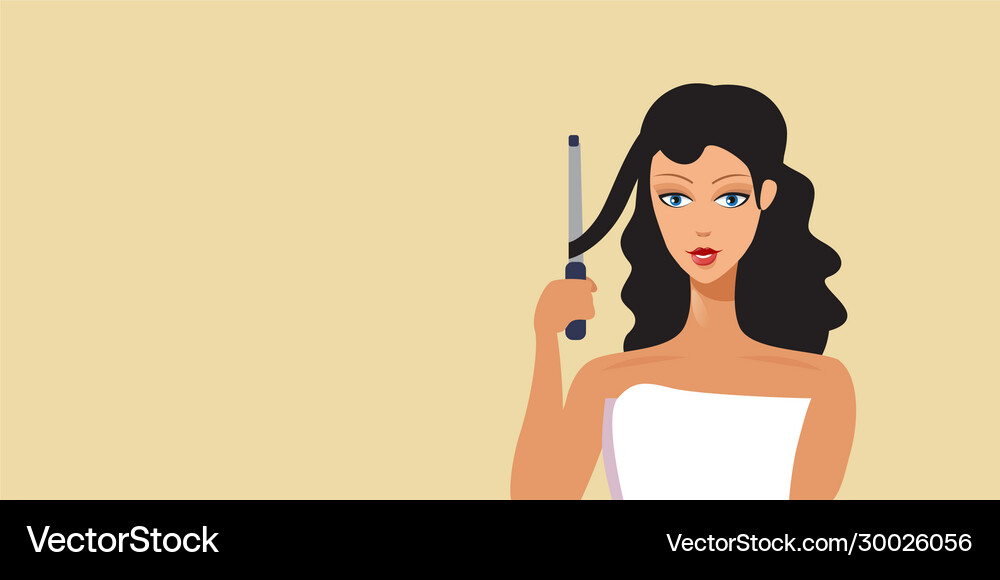Young brunette woman using curling iron Royalty Free Vector