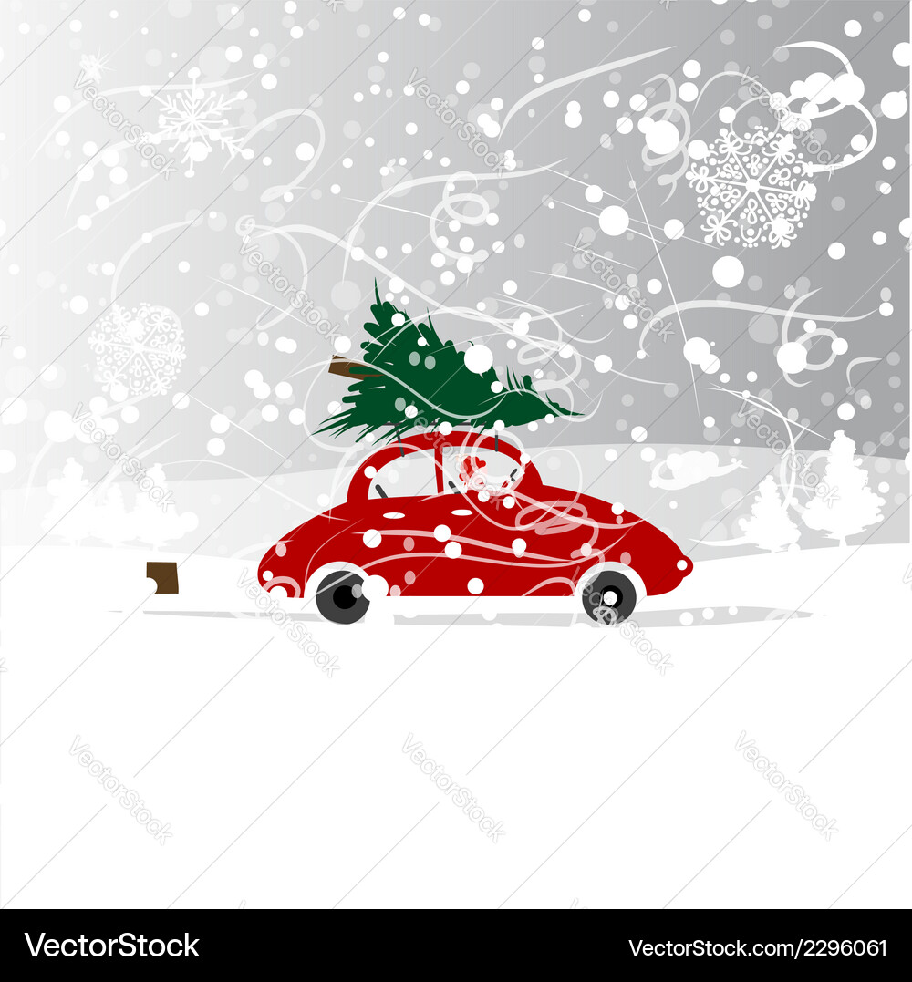 Car with christmas tree winter blizzard for your Vector Image