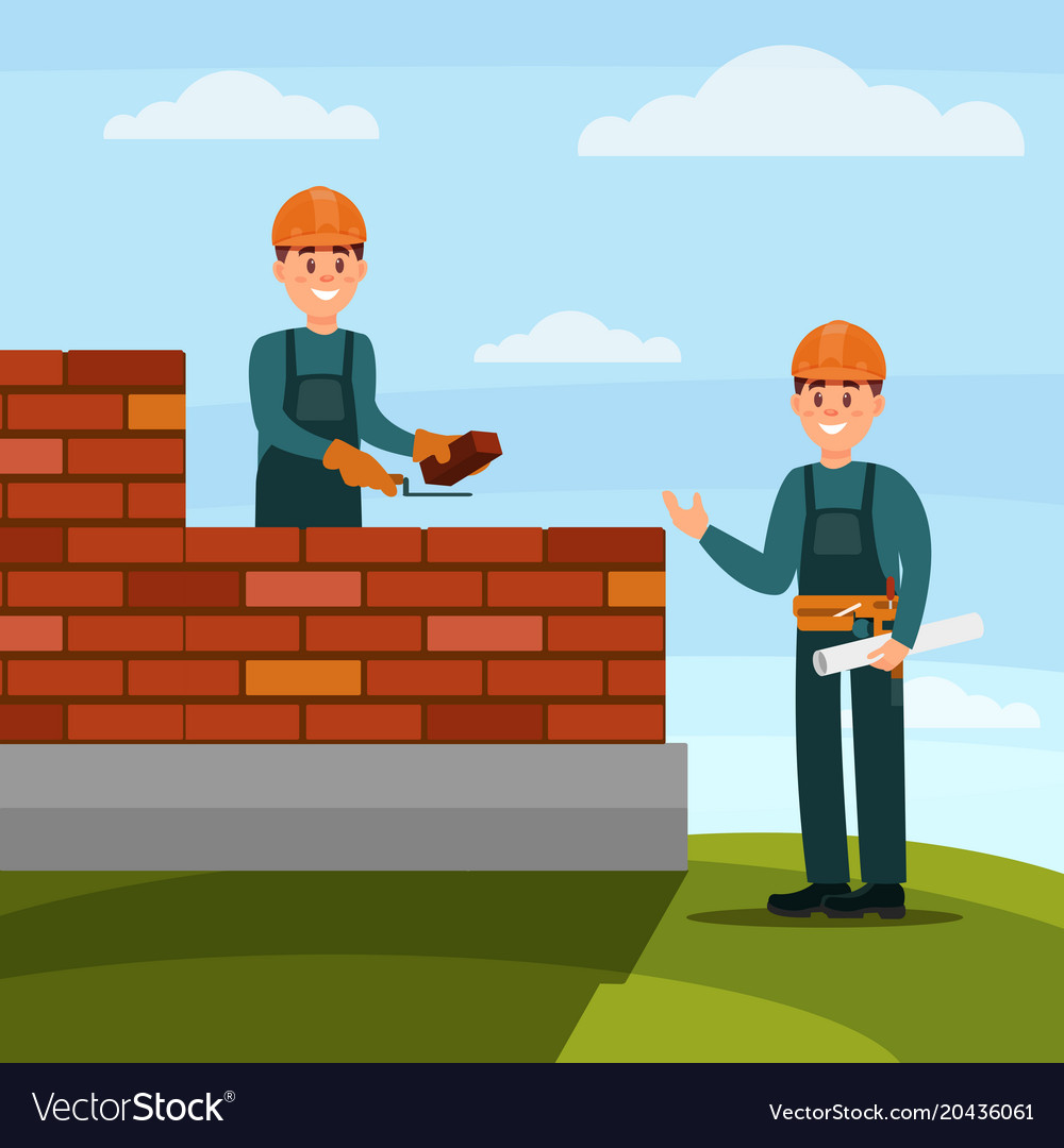 Construction worker bricklayer making a brickwork Vector Image
