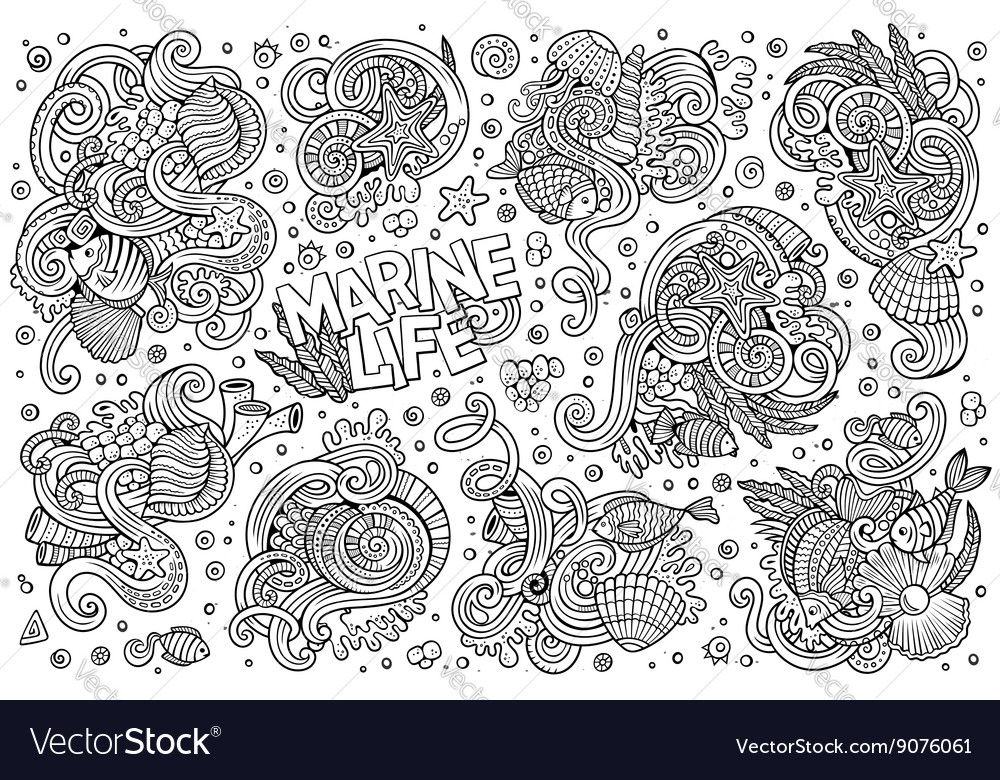 Line art set marine life objects Royalty Free Vector Image