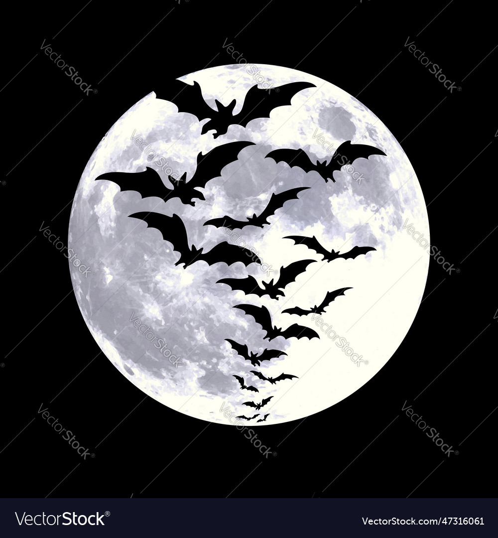 Spooky flying bats against full moon Royalty Free Vector