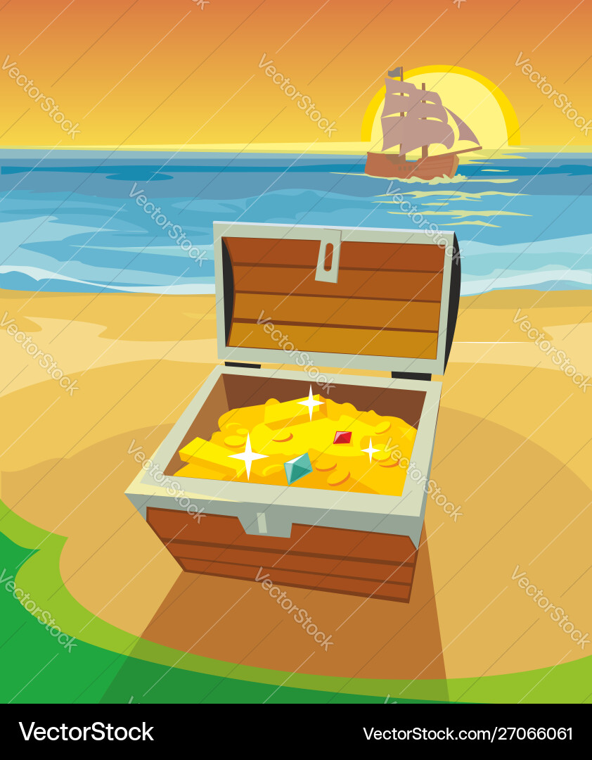 Treasure chest on a desert island flat Royalty Free Vector