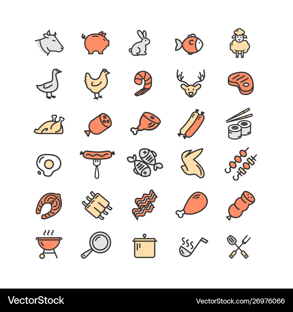 Meat butchery color thin line icon set Royalty Free Vector