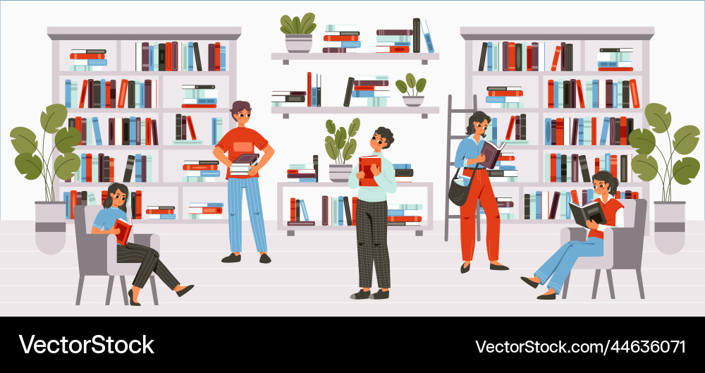 Teens in library reading books cheerful students Vector Image