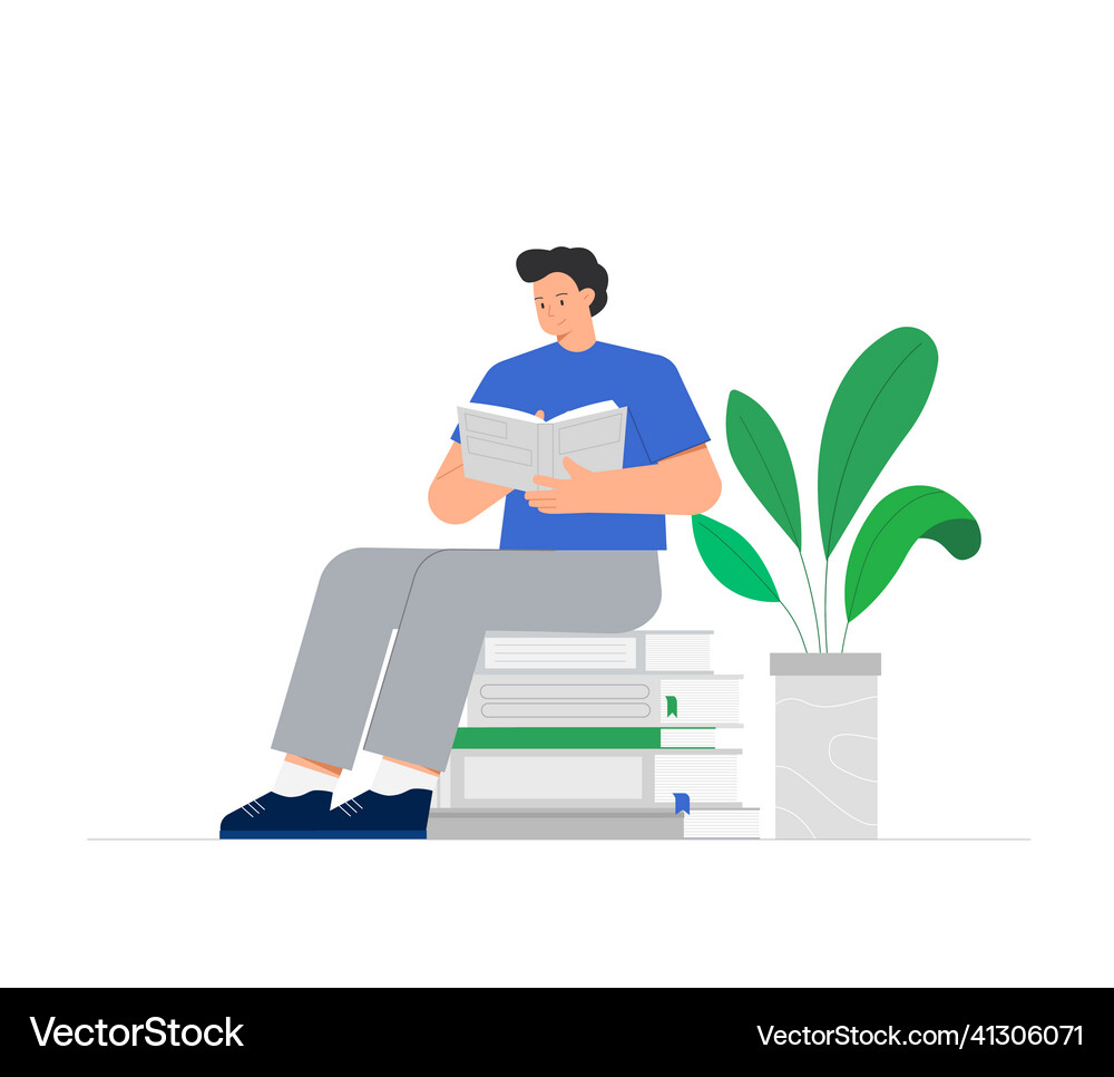 Young man is sitting on a stack of books Vector Image