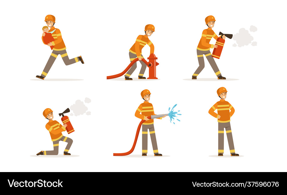 Man fire fighter in uniform spraying water from Vector Image