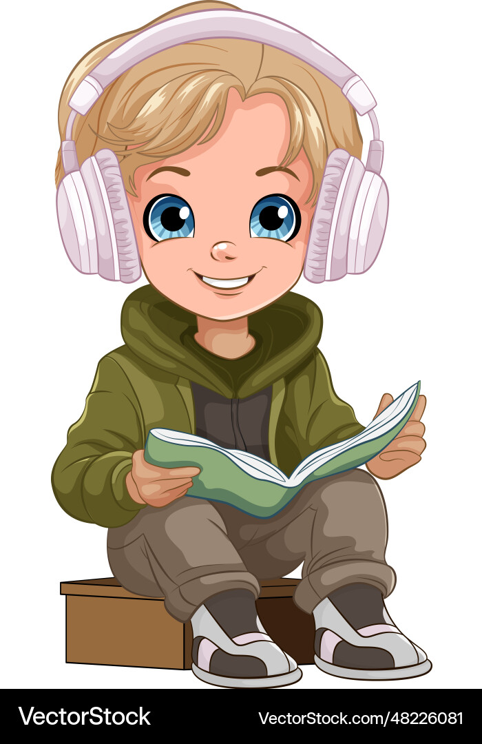 Boy reading a book and wearing headset Royalty Free Vector