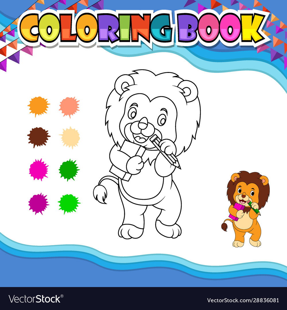 Coloring book lion holding pencil and book Vector Image