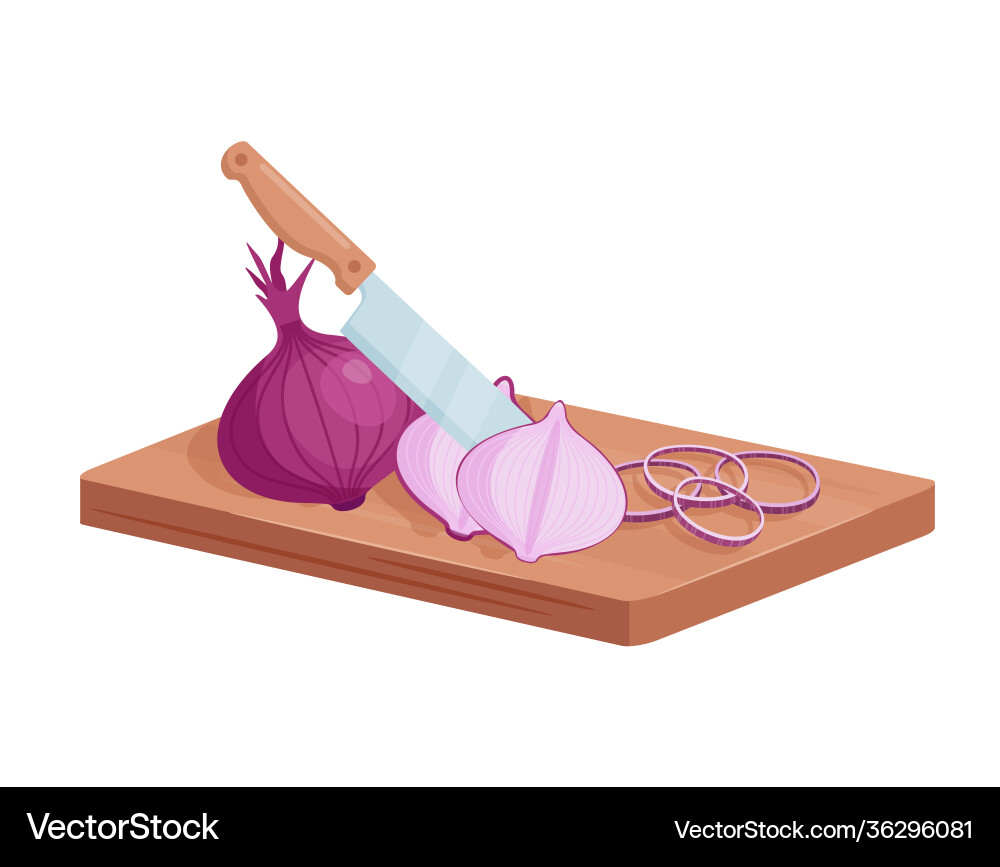 Cut red onion on chopping board isometric knife Vector Image