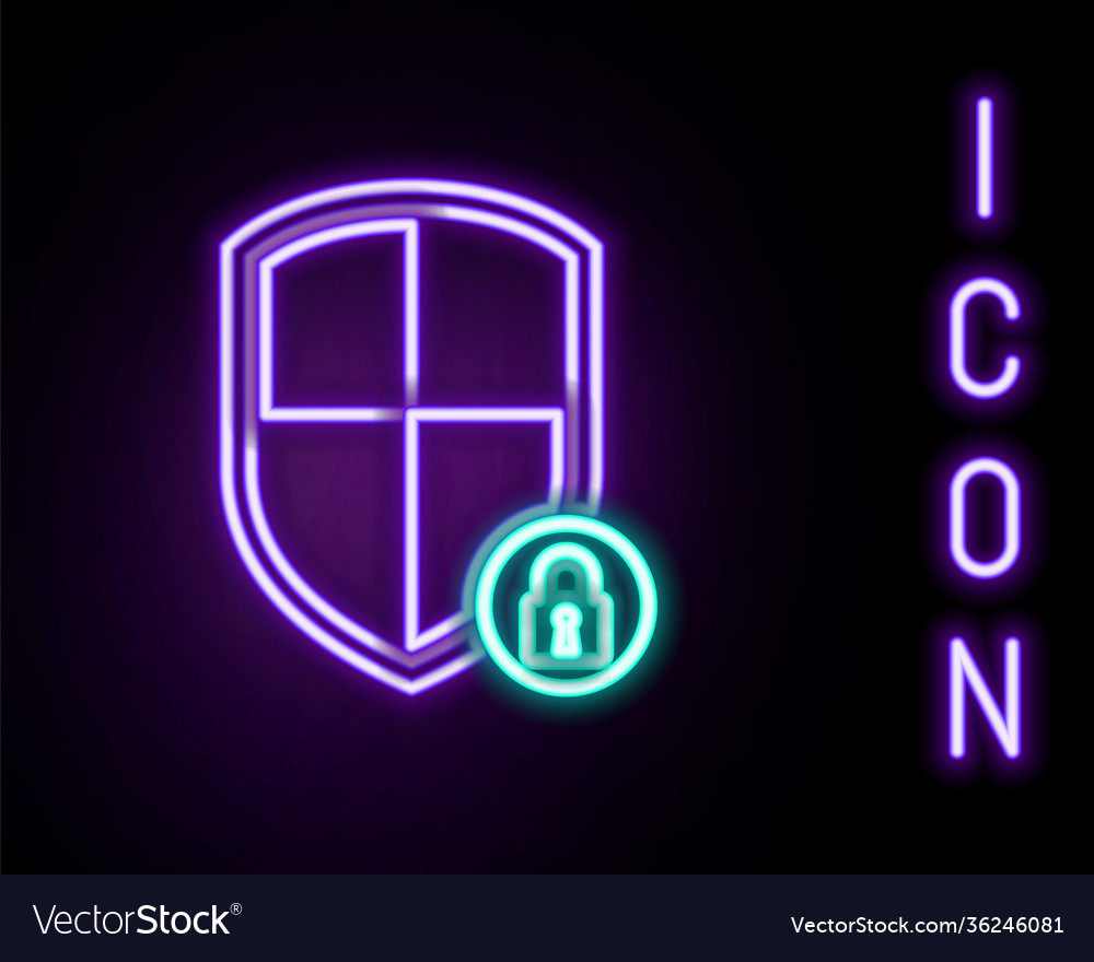 Glowing neon line shield security with lock icon Vector Image