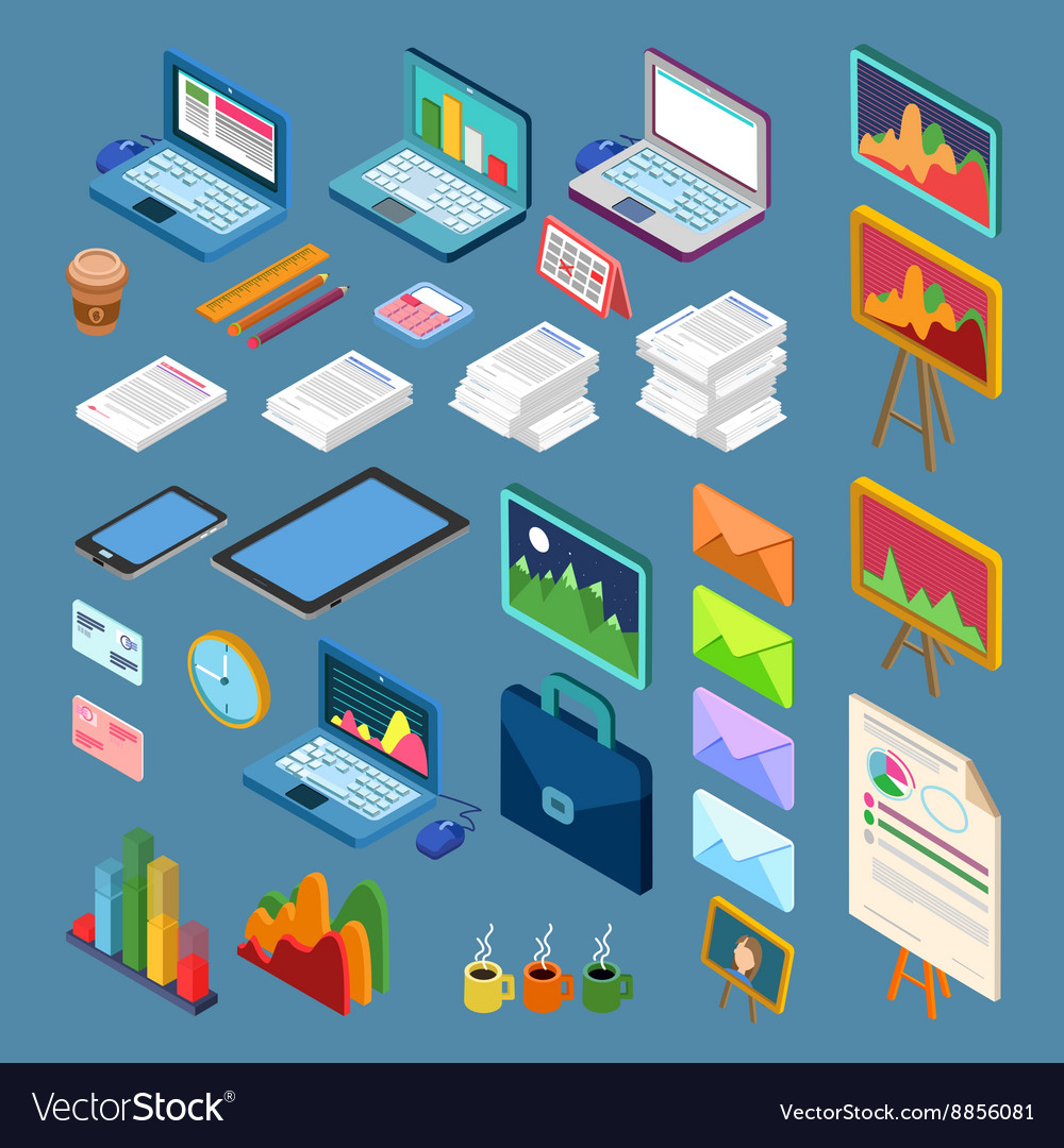 Isometric office objects business elements set Vector Image