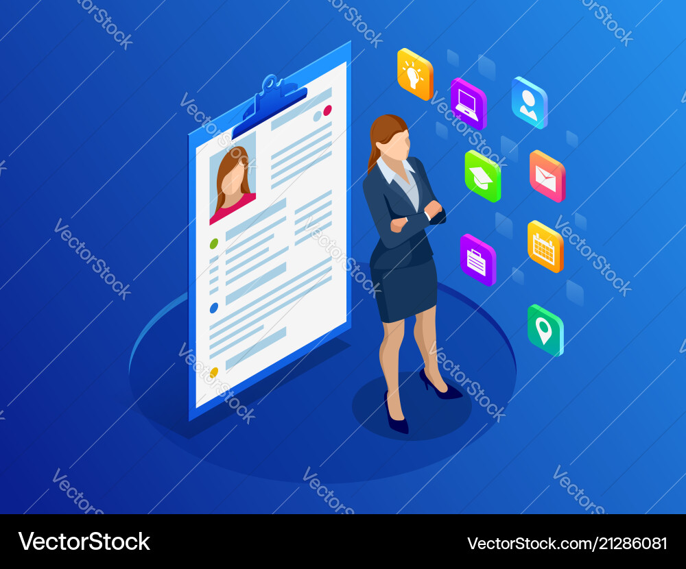 Isometric woman and cv resume documents Royalty Free Vector