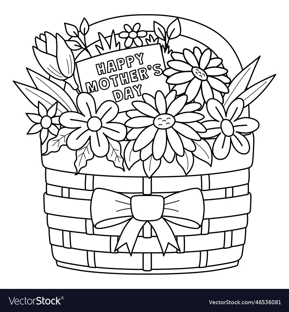 Mothers day basket of flowers isolated coloring Vector Image