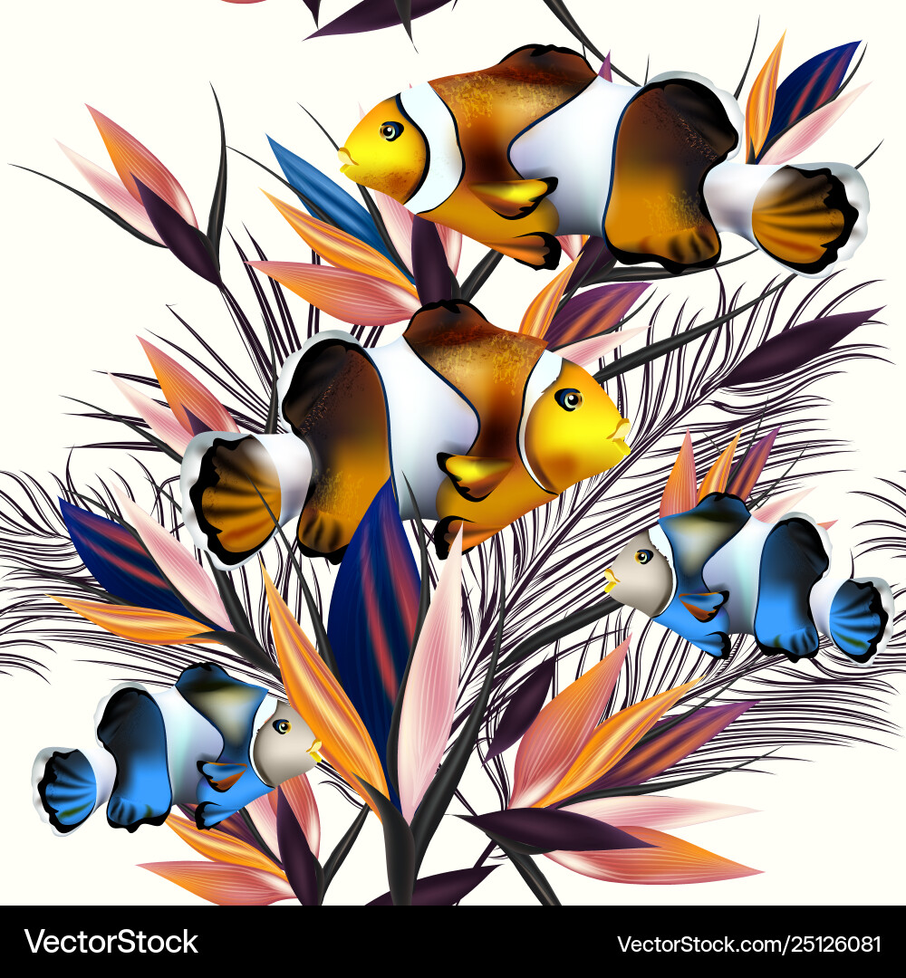 Pattern with fishes tropical plants palm leafs Vector Image