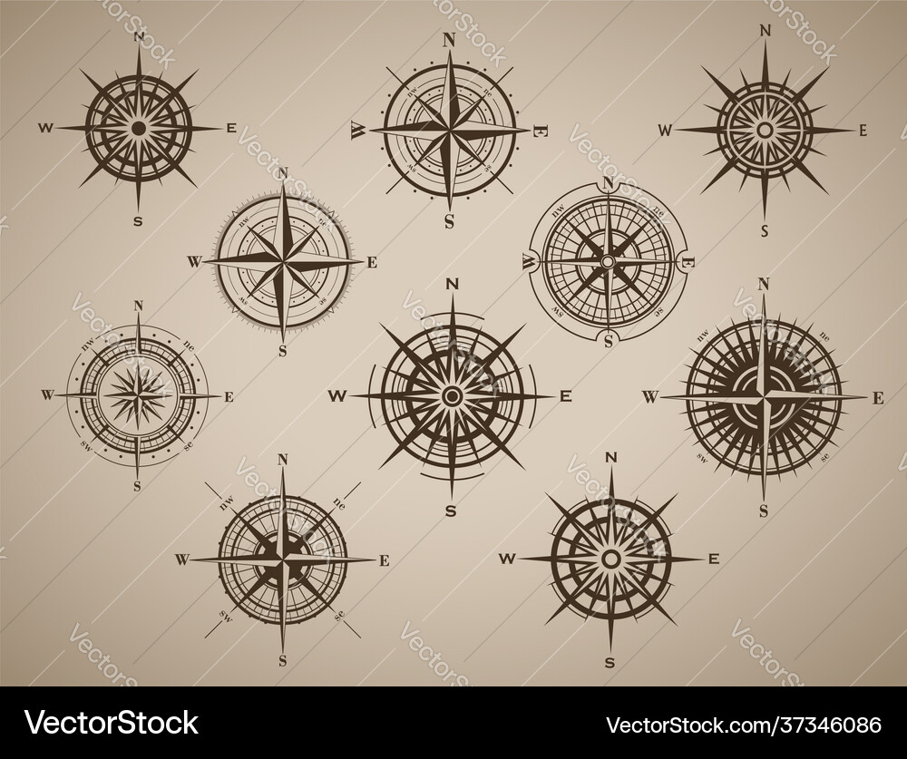 Set compass rose or wind rose on brown vintage Vector Image