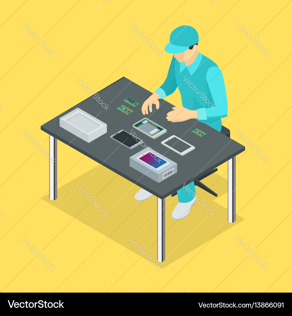 Factory manual assembly line with works and Vector Image