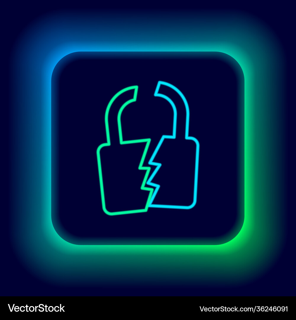 Glowing neon line broken or cracked lock icon Vector Image