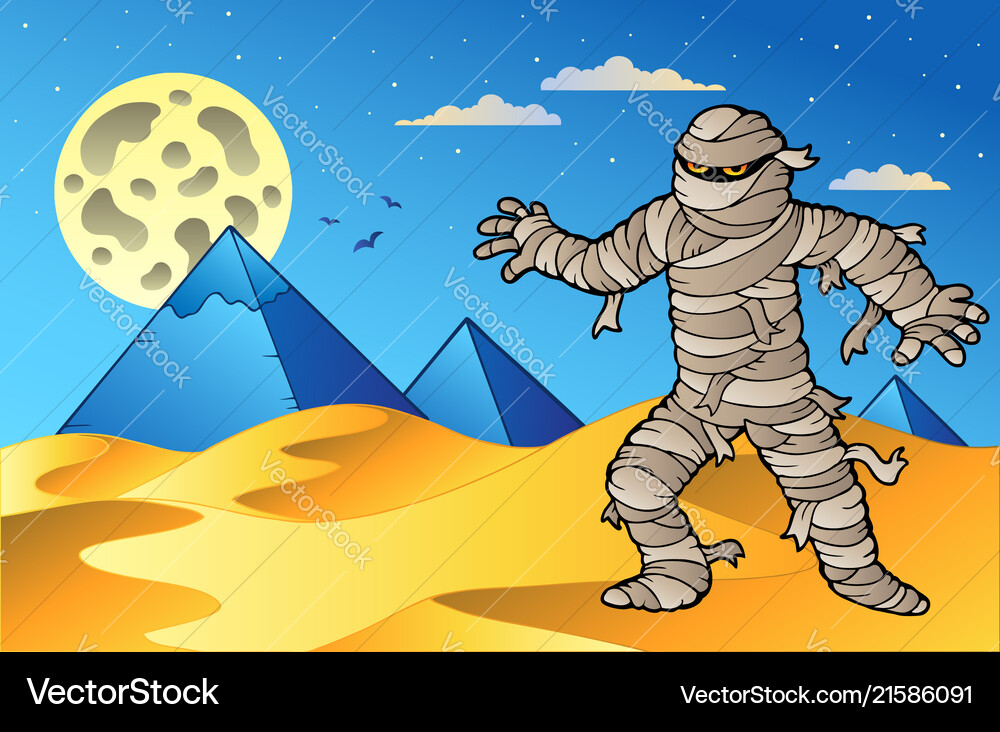 Night scene with mummy and pyramids Royalty Free Vector