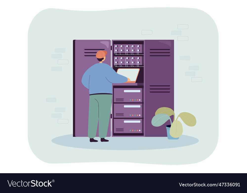 Sysadmin Engineer Working At Switchboard Vector Image