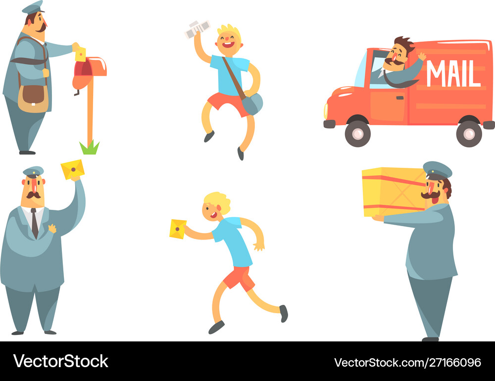 Postmen delivering letters set funny deliverymen Vector Image