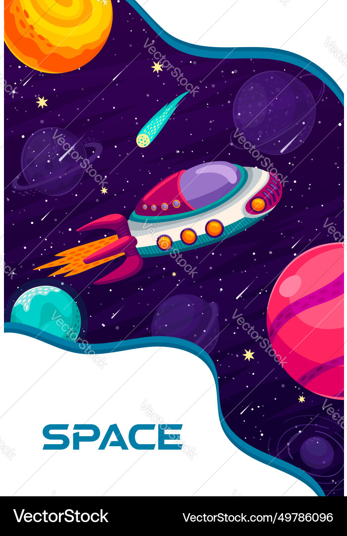 Space poster spaceship galaxy planets and stars Vector Image
