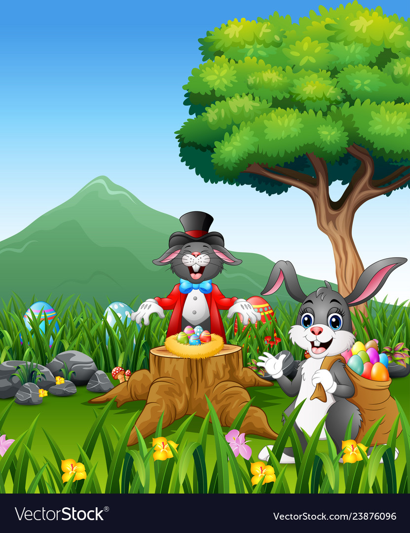 The rabbit plays magic on the tree stump Vector Image