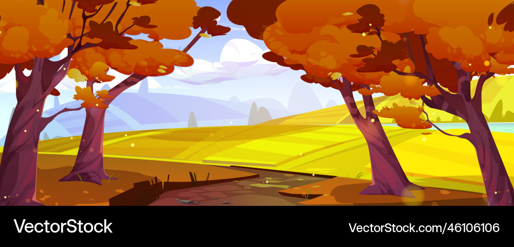 Autumn landscape with farm fields trees and river Vector Image