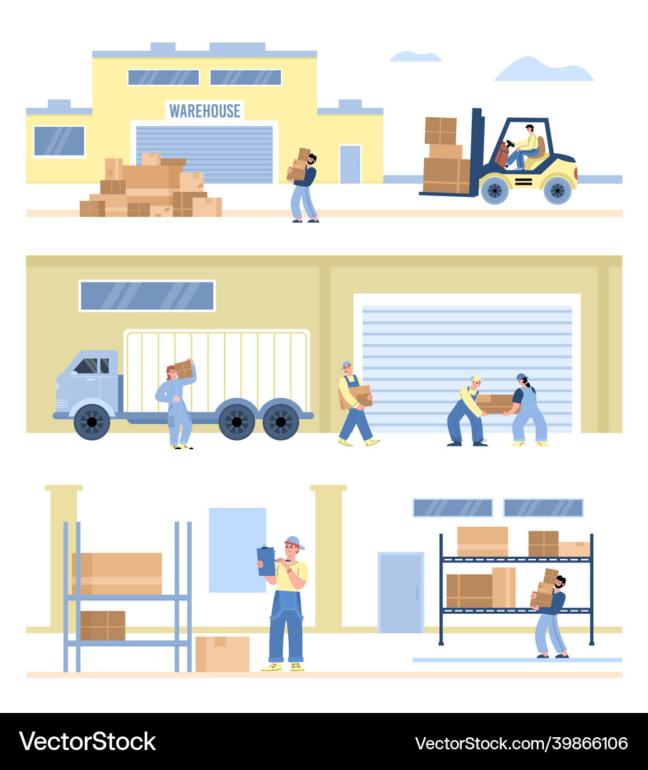Set banners with workers of warehouse flat Vector Image