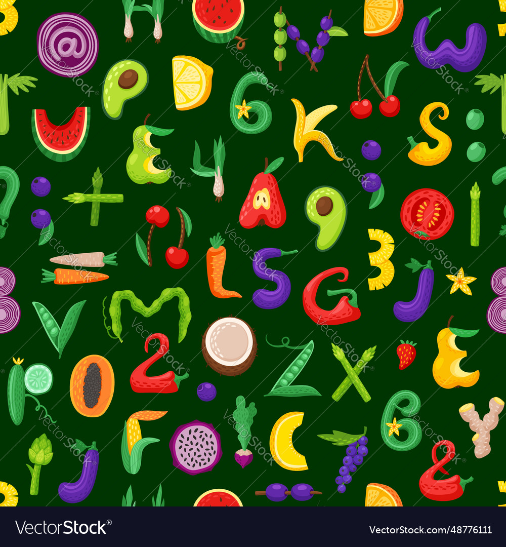 Cartoon fruit vegetable letters numbers pattern Vector Image